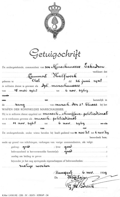 Marechausseenostalgie :: Fotoalbum - Foto: 1969 Getuigschrift
